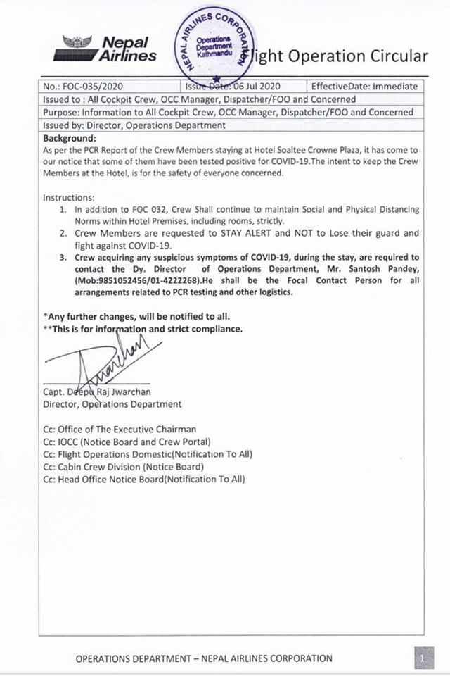 Nepal Airlines issues a Circular to its staffs after Corona infection ...